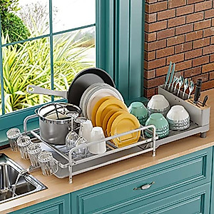 ACMETOP Dish Drying Rack, Extendable Dish Racks for Kitchen Counter, Anti-Rust Dish Drainer with Cutlery and Cup Holders, Drainage, Dishwasher Rack for Dishes, Knives, Spoons, and Forks