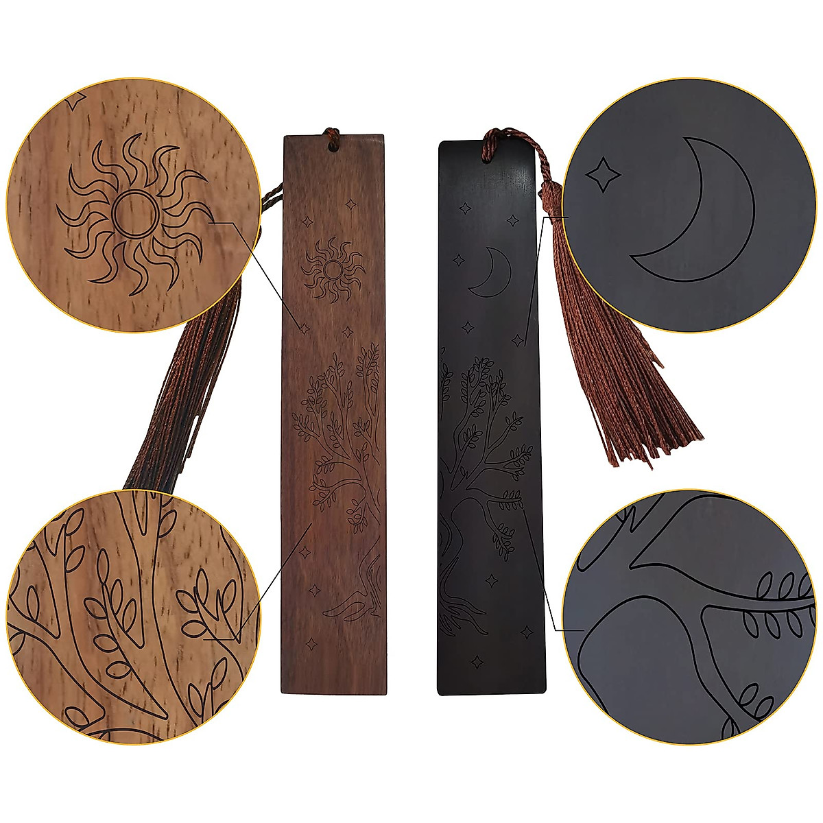 CRASPIRE 2 Color Wood Bookmark Moon Sun Tree Handmade Natural Wooden Bookmarks Carving Gifts for Men Women Book Lovers Teachers Students Birthday with Tassel Pendant 1.1 x 5.8inch