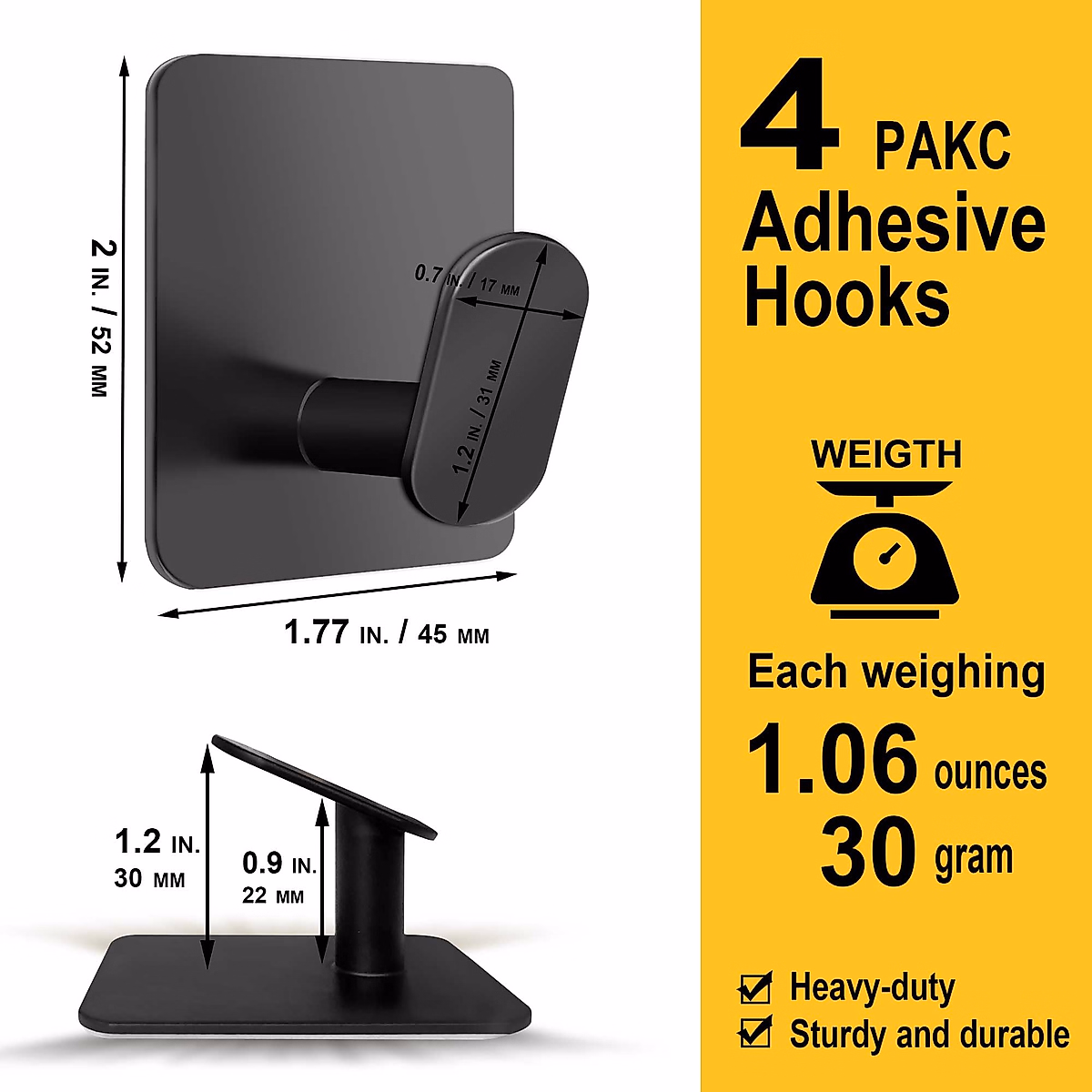 Hanpex Adhesive Hooks - 4 Pack Towel/Wall Hooks for Hanging Coat, Hat,Towel Robe, Heavy Duty Hooks Stick on Kitchen or Bathroom (Matte Black, Waterproof, Stainless Steel)