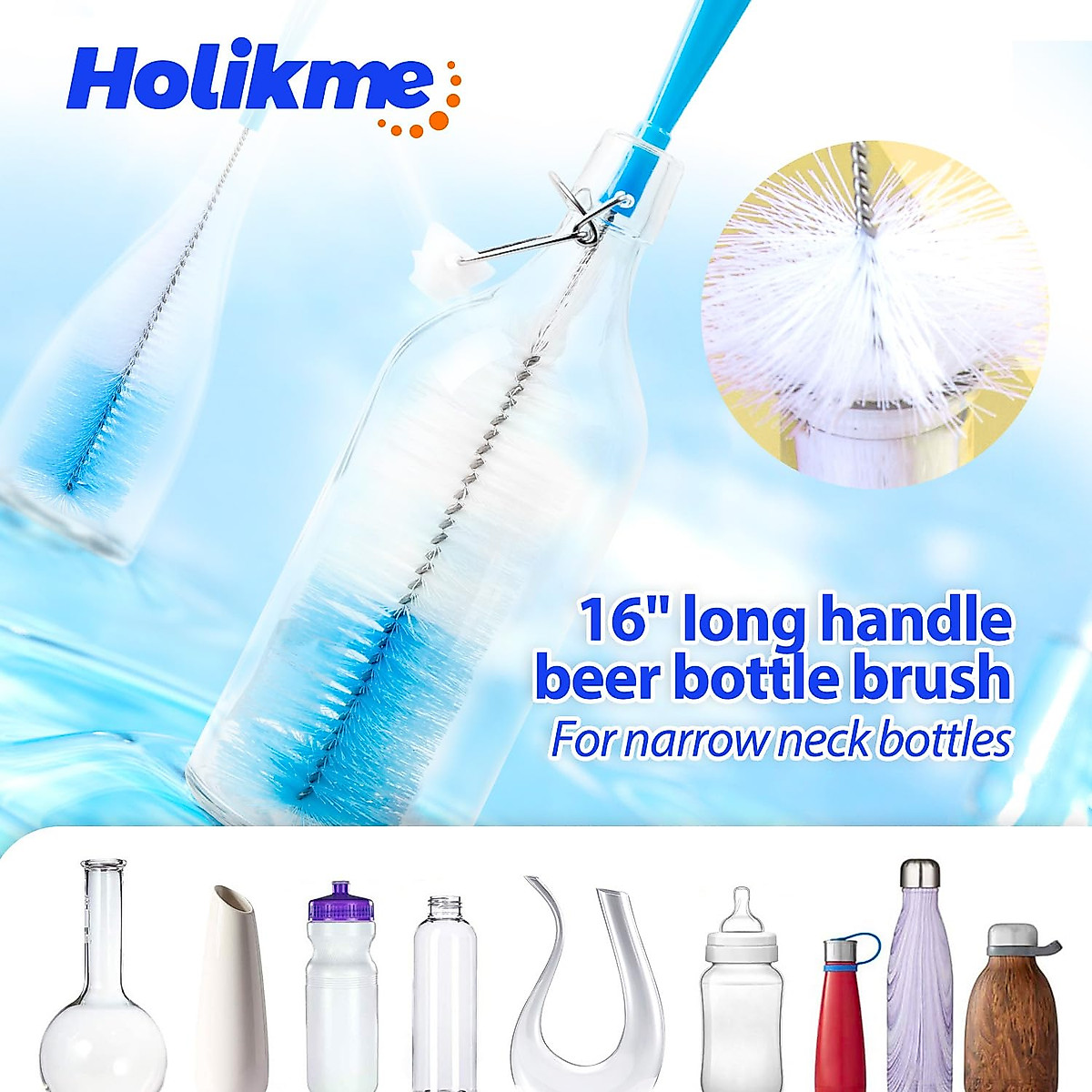 Holikme 8 Pack Bottle Brush Cleaning Set, Long Handle Bottle Cleaner for Washing Narrow Neck Beer Bottles, Wine Decanter, Narrow Cup, Pipes, Hydro Flask Tumbler, Sinks, Cup Cover, Blue