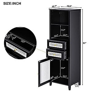 IMGDD Boho Style Slim Tall Cabinet with Rattan Door, Mid Century Modern Tower Cabinet Up to 63", Country Style Freestanding Organizer with Metal Handles for Living Room, Bedroom, Bathroom (Black)