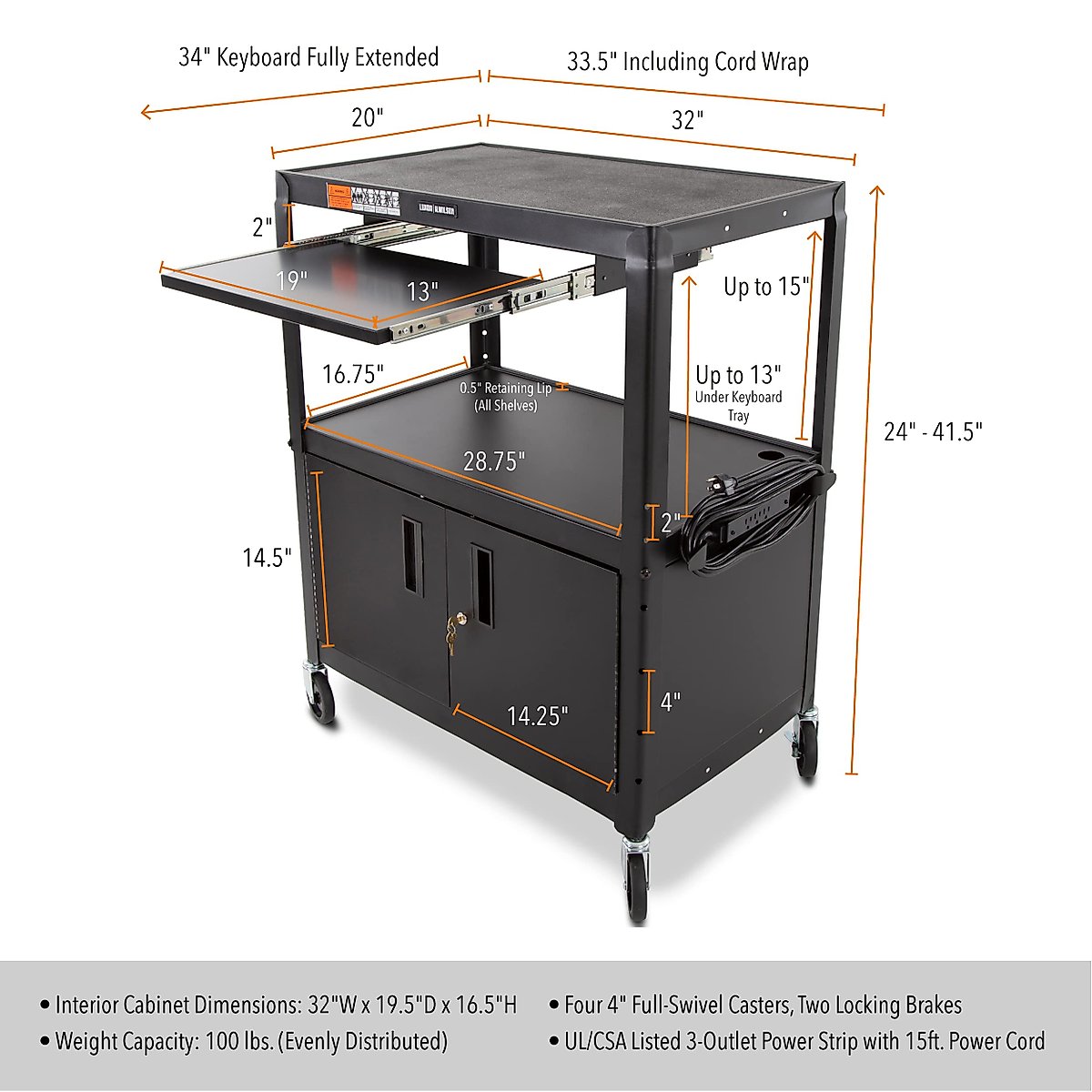 Line Leader Extra Wide AV Cart with Locking Cabinet, Rolling Computer Desk, Height Adjustable Utility Cart with Pullout Keyboard Tray & UL-Listed Power Strip, Great for Projectors (42 x 32 x 20in)