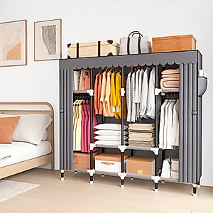 KEKIWE Portable Closet, 69 Inch Wardrobe Closet for Hanging Clothes with 4 Hanging Rods, 8 Storage Shelves, Side Pockets, Strong and Durable 25mm Metal Tube, Quick and Easy to Assembly, Grey