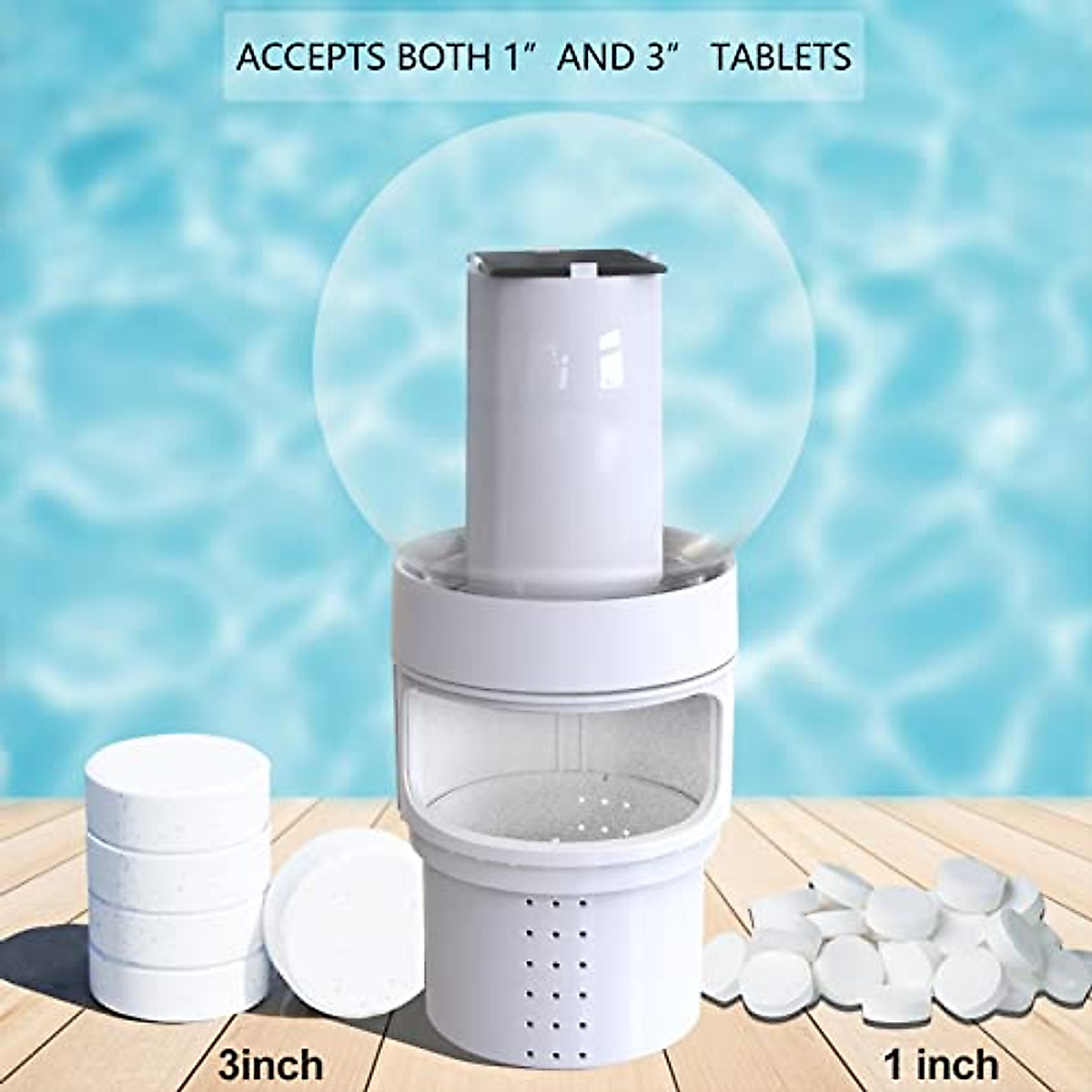 Pool Chlorine Floater, Chlorine Dispenser with Solar Pool Lights Ball, Extra-large Capacity Chemical Bromine Holder of 4* 3"Chlorine Tablets with Flame Solar Lights Outdoor for Spa/Hot Tub/Pool/Garden
