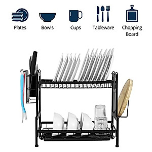 Flexzion 2 Tier Dish Drying Rack Drainboard Set, Kitchen Drying Rack Dish Drainer with Utensil Holder, Cup Hanger, Tray Plate Rack for Kitchen Countertop, Organizer, Storage Accessories, Black