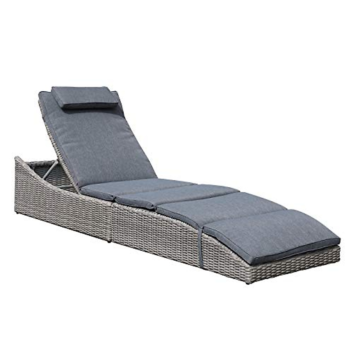 Soleil Jardin Folding Outdoor Adjustable Chaise Lounge Chair with Removable Cushion, Fully Assembled, Patio PE Rattan Reclining Lounger for Pool Beach, Dark Gray