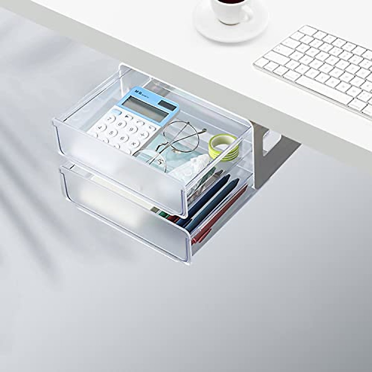 Under Desk Drawer Organizer - Hidden Self-Adhesive Under Desk Drawer Slide-out With 2 layers、Storage box for sticking under the table, suitable for office, classroom, home Under Desk Drawer (Withe)