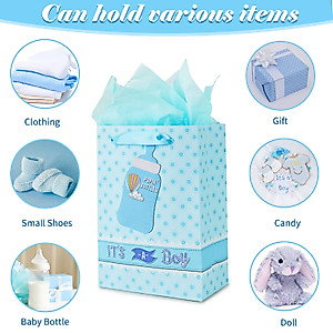 Dragonfy 16 PCS Baby Shower Bags for Boys - Medium Paper Gift Bags with Gift Wrapping Paper, Baby Shower Party Favors for Guests Baby Birthday Treat Bags(It’s a Boy!), blue