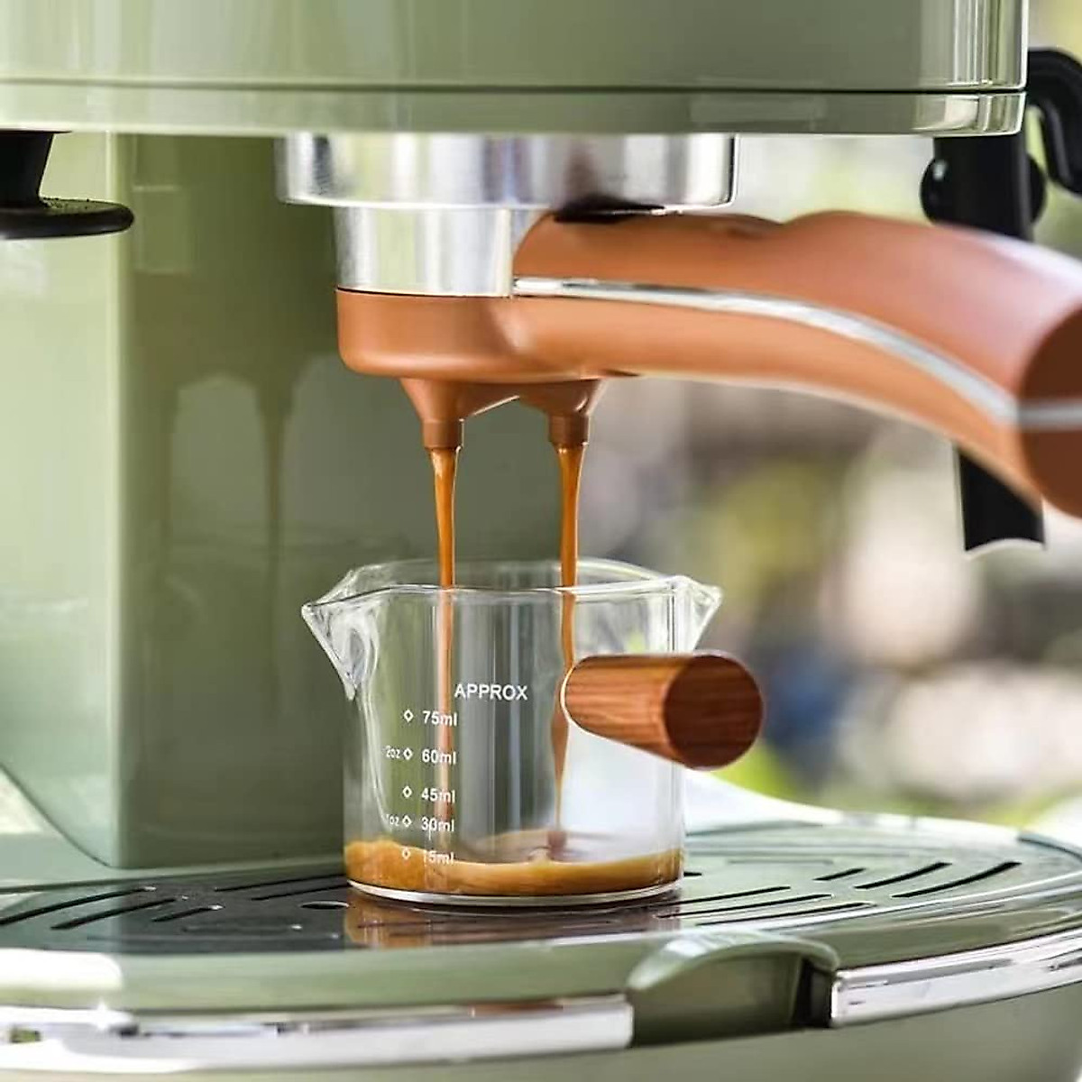 DEESUNG 2 Pack - Espresso Shot Glasses, Double Spouts, High Borosilicate Glass Material with Wood Handle, 2 OZ (75 ml) Capacity, Multiple Functions, Coffee Cup, Honey jar, Salad jar