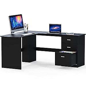 SHW L-Shaped Home Office Wood Corner Desk with 3 Drawers