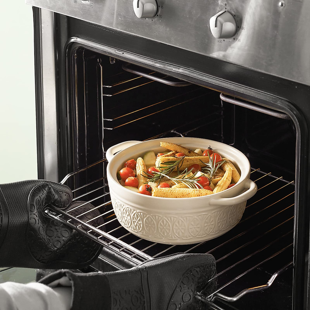 LIFVER Casserole Dish with Lid, 2.3 Quart Ceramic Roasting Pan, Farmhouse Bakeware with Cover, Round Cookware Bakeware, Microwave, Oven, Fridge and Dishwasher Safe, Off White