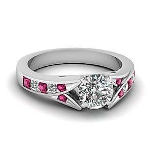 CustomizedGifts Channel Set Diamond Ring sterling silver Created Pink Sapphire Round shape Pink color Split Shank Engagement Ring channel Setting in Size 4 Party Wear Daily Wear Ornament