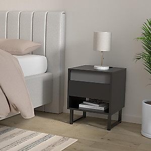 LED Nightstand with Charging Station, Black Night Stand with Charger Station, Bedside Table End Tables Bedroom, Modern Night Stand with a Big Capacity Drawer