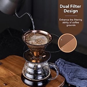 Pour Over Coffee Dripper INSINTAR Stainless Steel Drip Cone Brew Coffee Filter, Reusable Metal Coffee Strainer With Non-Slip Ring&Handle Paperless Pour Over Coffee Maker 1-4 Cup(Titanium Copper)