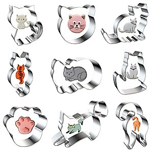 9 PCS Cat Cookie Cutters Set, Assorted Cat Shape Metal Cookie Cutters, Cat Face, Cat Butt, Cat Paw Cookie Cutters Molds for Baking Cat Party Supplies, Silver