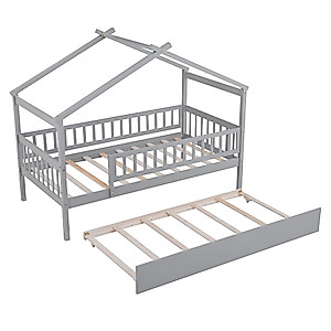 BestLM Twin Size Wooden House Bed with Twin Size Trundle for Kids, Wood Platform Bed Frame with Fence, Roof, and Safety Guardrail for Kids, Teens, Girls, Boys, Gray