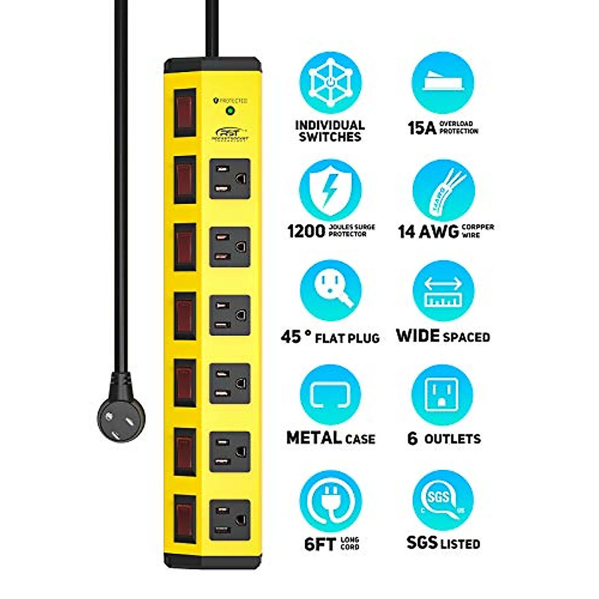 CRST 6-Outlet Heavy Duty Metal Power Strip with Individual Switches and Flat Plug, 15AMP/1875W Surge Protector (1200 Joules), 6-Feet 14AWG Cord with Hook and Loop Fastener