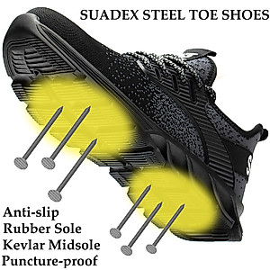 SUADEX Steel Toe Sneakers for Men Women Indestructible Work Safety Shoes Lightweight Comfortable Slip Resistant Composite Toe Black