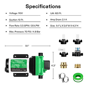 VIVOGROW Water Pressure Pump, 110V 5.5GPM 70 PSI Diaphragm Water Pump Include 1/2" and 3/4" Garden Hose Adapters, Power Plug for Bathrooms, Kitchens, RVs, and Yachts, Green