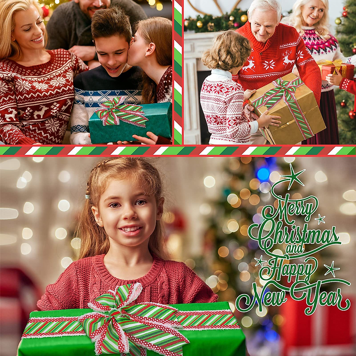 2.5 Inch 12 Yards Christmas Wired Ribbon Red Green White Stripes Xmas Ribbon for Tree Polyester Snowdrift Wired Edge Ribbon for Gift Wrapping DIY Christmas Tree Bows Wreaths Craft Decoration