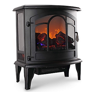 Della 17 Inch 1400W Compact Freestanding Portable Electric Fireplace Stove Heater with Realistic 3D Flame Effect, Infrared Quartz Indoor Heat, Faux Logs - Black