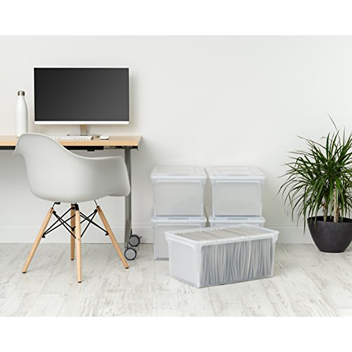 IRIS USA Letter/Legal File Tote Box, 5 Pack, BPA-Free Plastic Storage Bin Tote Organizer with Durable and Secure Hinged Latching Lid, Stackable and Nestable, Clear