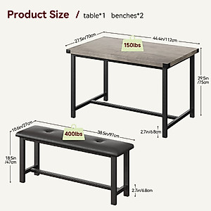 IDEALHOUSE Dining Table Set for 4, Kitchen Table with Upholstered Bench, Rectangular Dining Room Table Set with 2 Benches, 3 Piece Kitchen Table Set for Small Space, Apartment, Studio, Rustic Grey