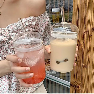 2 Pcs set Glass Cups with Lids and Straws 16oz - Coffee Ice Tea Water Boba Tea Smoothie Cocktail Reusable Clear Glass Drinking Cup with Dome Lid and Glass Straw - Hot & Cold Dishwasher safe