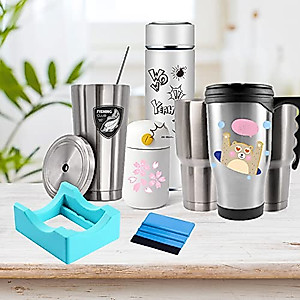 Silicone Cup Cradle for Tumblers with Built-in Slot, Tumbler Holder for Crafts Use to Apply Vinyl Decals for Tumblers, Small Tumbler Stand Cup Holder with Felt Edge Squeegee for Cups Bottles（Cyan)