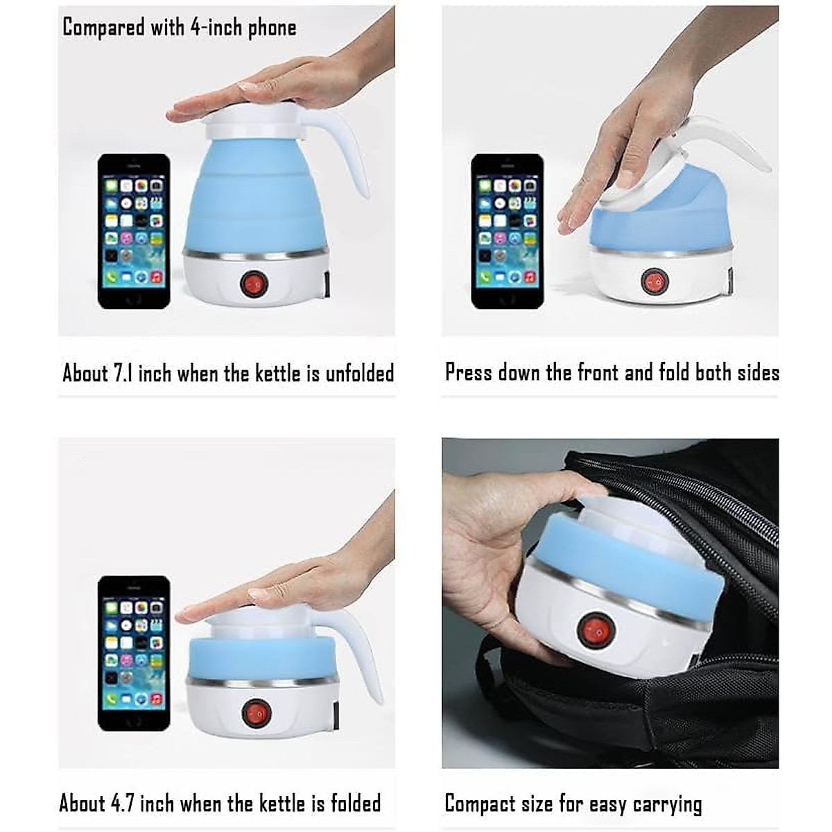 Foldable Electric Travel Kettle - Portable and Convenient Silicone Collapsible Water Boiler and Tea Pot for Camping - Easy Storage with Detachable Power Cord （Blue）