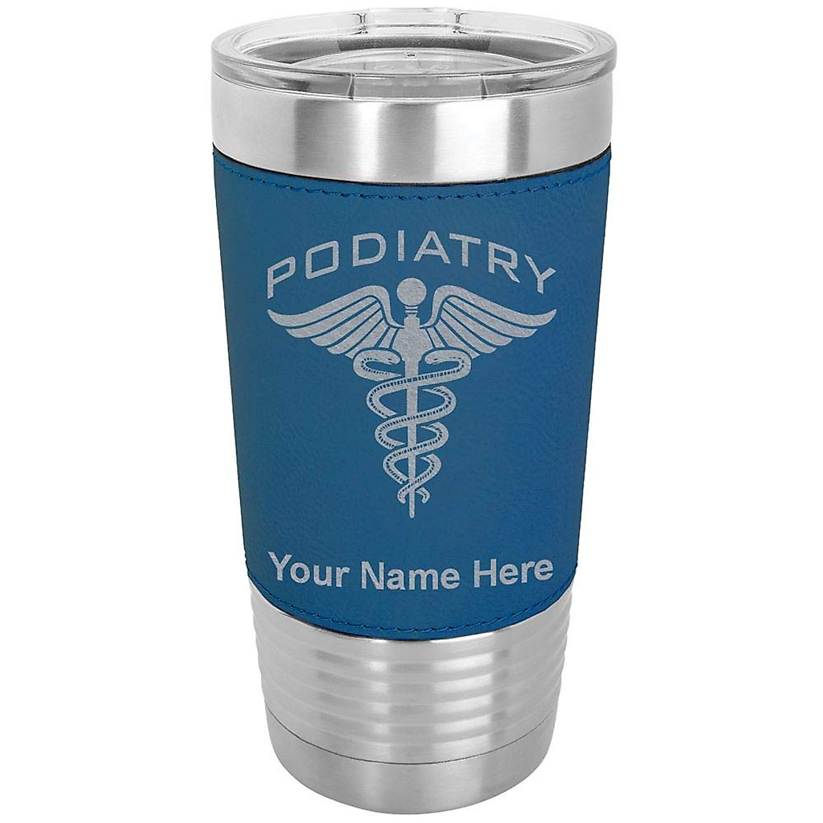 LaserGram 20oz Vacuum Insulated Tumbler Mug, Podiatry, Personalized Engraving Included (Faux Leather, Blue)
