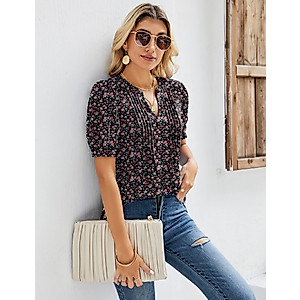 Micoson Womens Summer Pleated Blouses Loose V Neck Puff Short Sleeve Tunic Top for Leggings Floral Black Red L