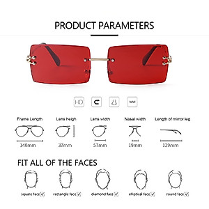 ADE WU Rimless Rectangle Sunglasses for Women Men,Trendy Fashion Sheer Pink,Blue Lens Frameless Glasses (Red)