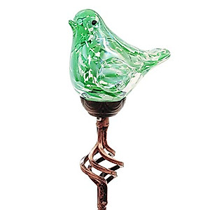 Exhart Garden Solar Lights, Decorative LED Bird Garden Stake, Hand Blown Glass and Metal Outdoor Decoration, Green, 5.5 x 31 Inch
