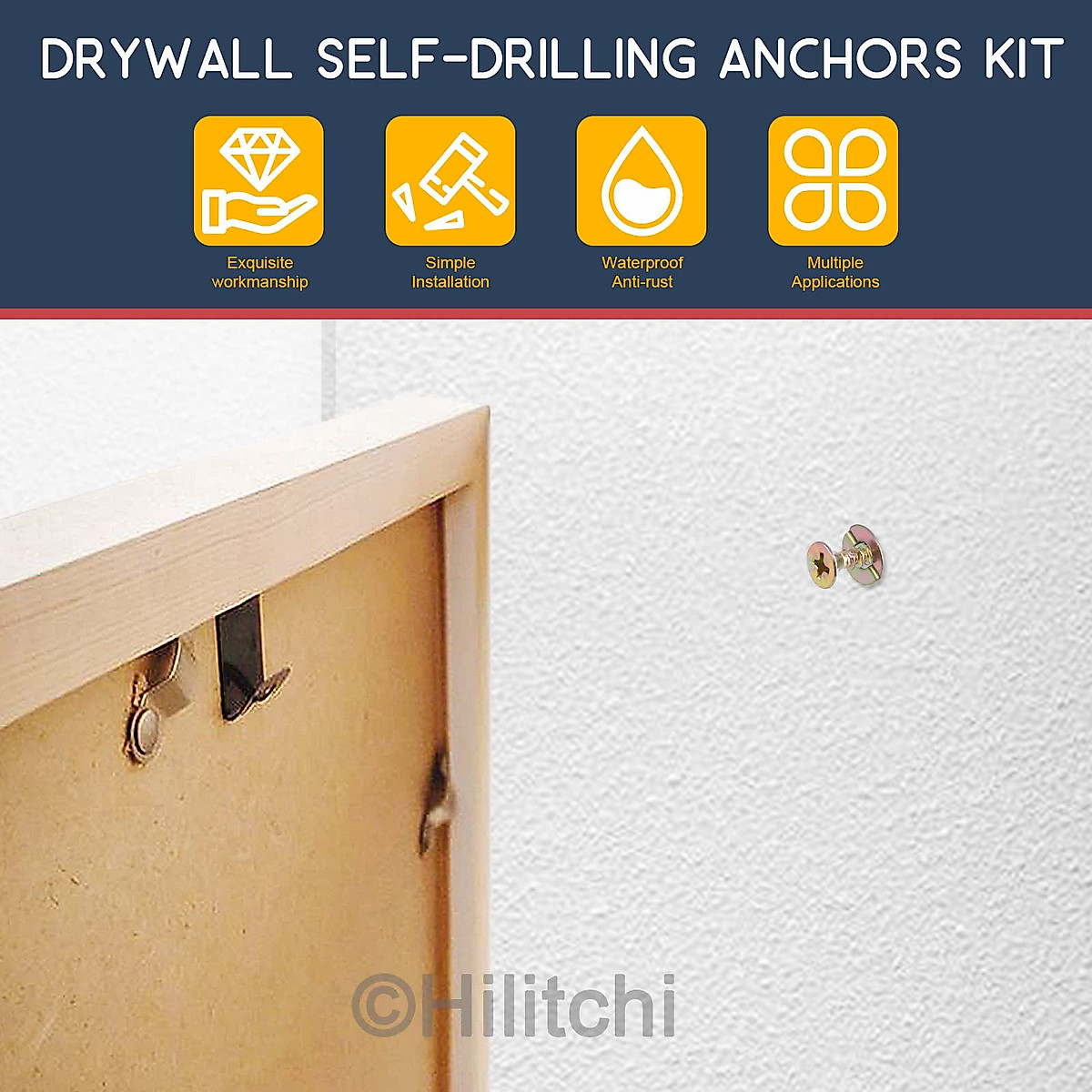 Hilitchi 200Pcs Self Drilling Drywall Anchors with Screws Easy Application No Drill or Holes in Wall, 66 Lbs, 12 x 30mm-100Pcs Anchors and 100Pcs Screws (Metal Anchors)