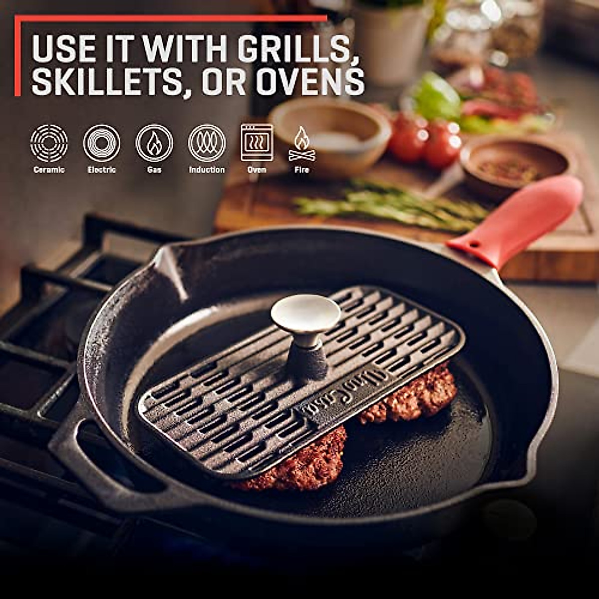 Uno Casa Cast Iron Grill Press - Pre-Seasoned XL Hamburger Press with Stainless Steel Knob, 9x4.5 Inch cast Iron Burger Press for Griddle - Bacon Press for Griddle - Vented Design Griddle Press