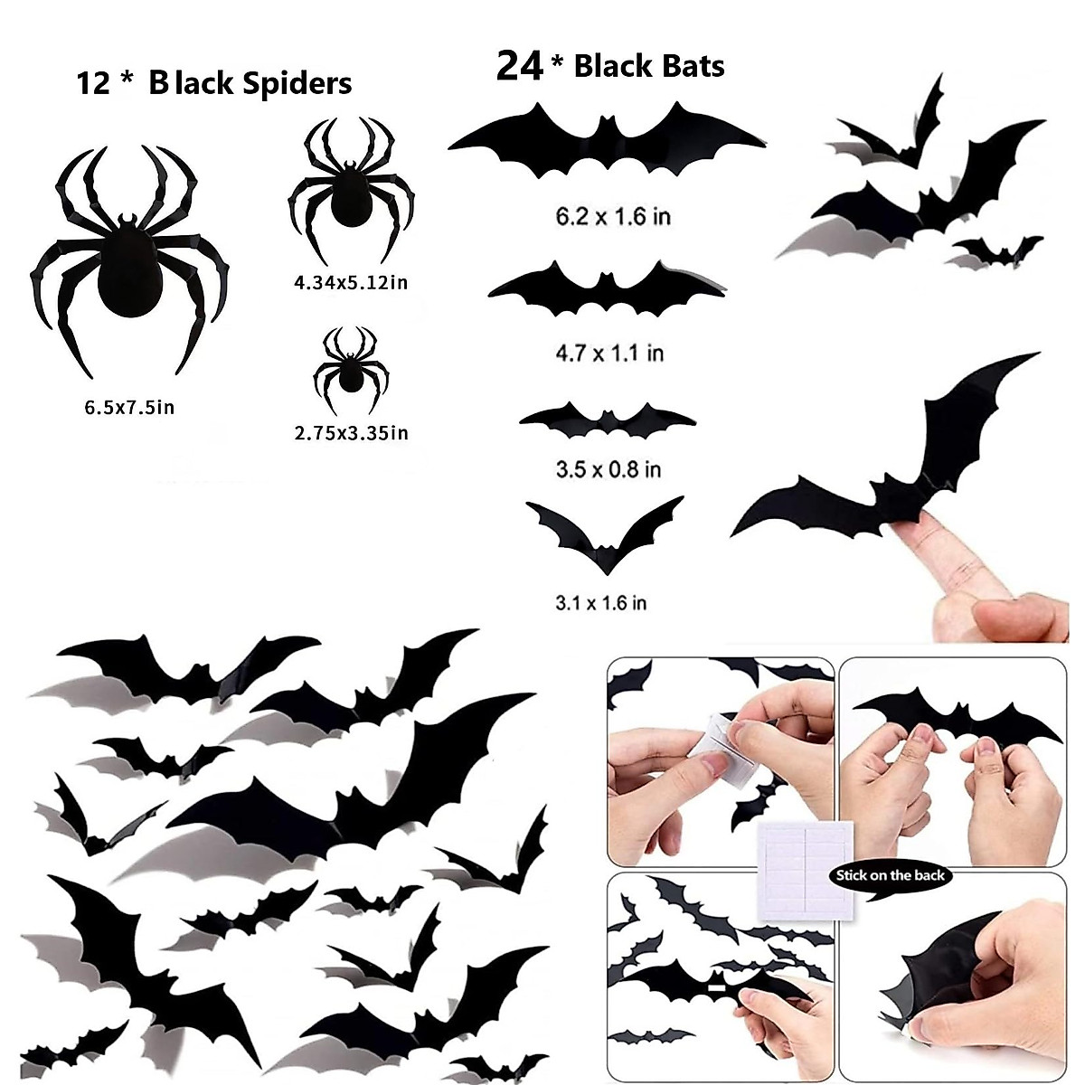 Halloween Party Decorations, 2 Pack Orange Purple Black Tinsel Foil Fringe Curtains, 3.3 x 6.6 FT Halloween Photo Booth Props,36 Pcs PVC Bat Spider Stickers Decals for Halloween Backdrop