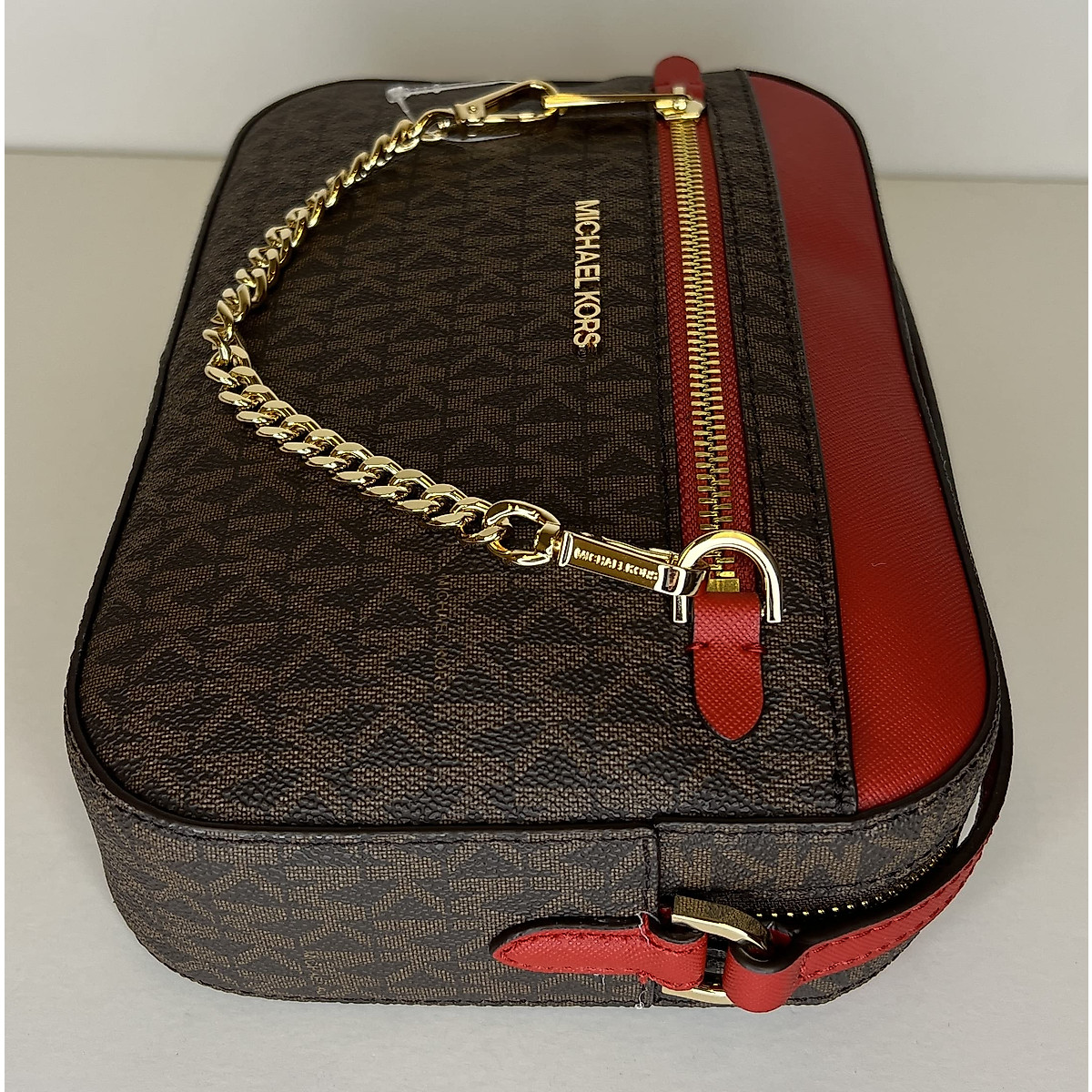 Michael Kors Jet Set Large Chain Crossbody Bag bundled with with SM TZ Coinpouch Wallet and Purse Hook (Signature MK Brown/Flame)
