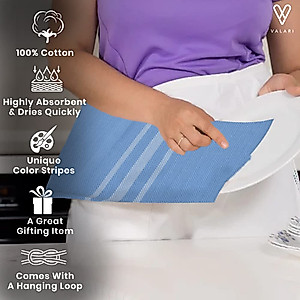 VALARI 100% Cotton Kitchen Dish Towels | Reusable Tea Towels & Hand Towels | Super Absorbent, Quick Dry Kitchen Towels | 14x25 Inch |Pack of 12, White/Blue
