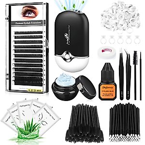 Eyelash Extension Kit Lash Extensions Supplies for Beginners with Individual Lash 0.07D Curl Mix 8-15mm, Glue, Eyelash Remover, USB Lash Fan, Tweezers, Eye Gel Pads, Micro Brushes, Mascara Brushes