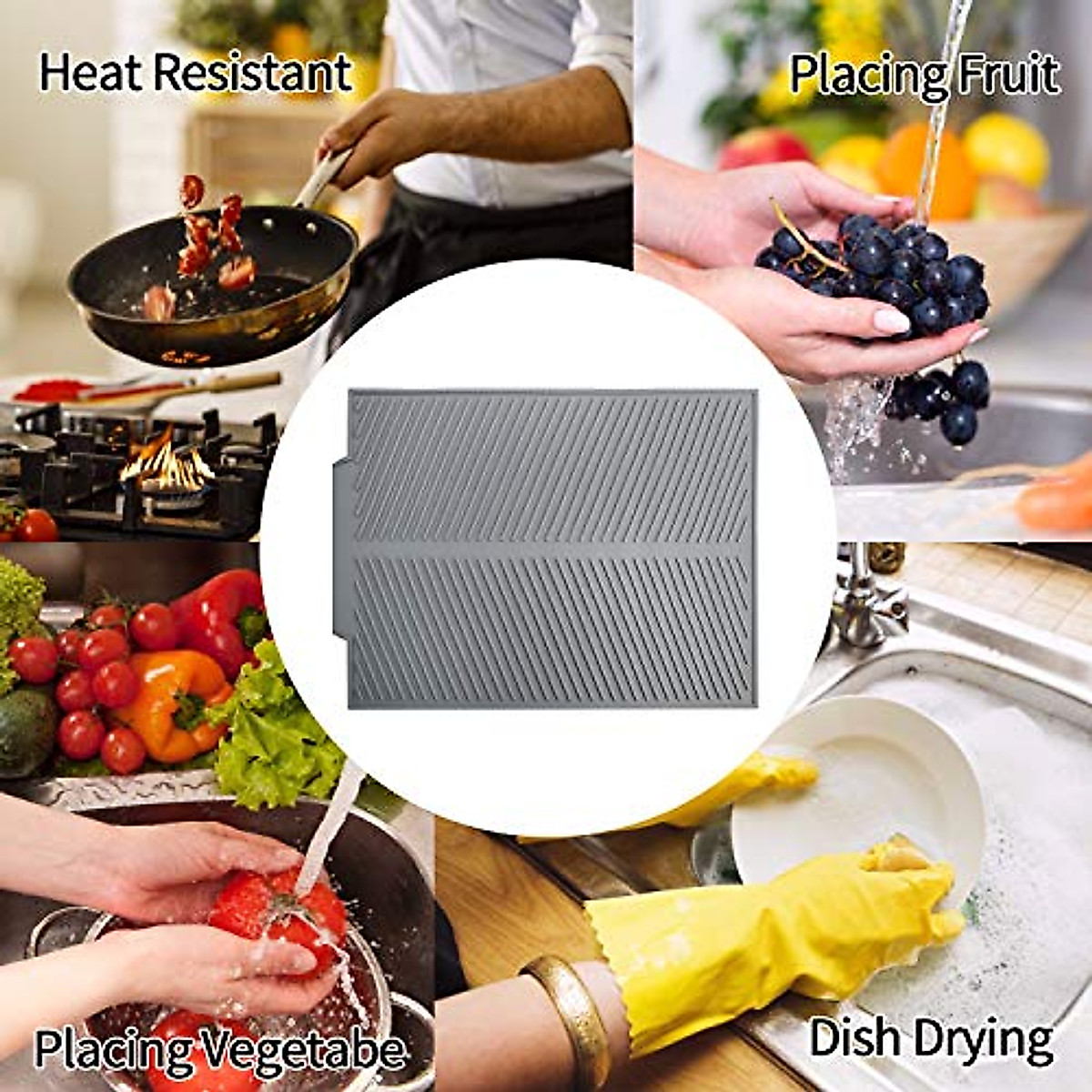 Suruid Silicone Dish Drying Mat for Multiple Usage, Easy Clean, Eco-Friendly Heat-resistant Silicone Mat for Kitchen Counter or Sink, Refrigerator or Drawer Liner - Compact Storage 17" X 13" (Gray)