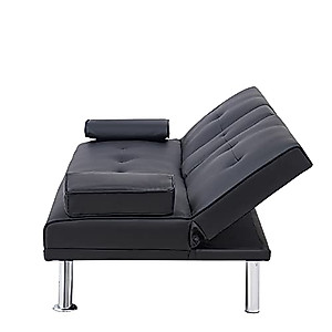 Ucloveria Modern Faux Leather, Multifunctional Sofa Bed, Convertible Folding Recliner Lounge Futon Couch for Living Room with 2 Cup Holders with Armrest（Black）