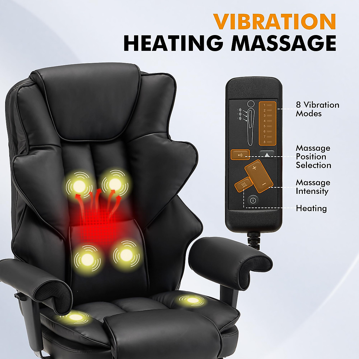 HOMREST 6-Point Massage Office Chair,Heating Executive Chair,Ergonomic Home Office Desk Chair with Retractable Footrest and Reclining Function,Leather Computer Chair with Adjustable Armrest(Black)