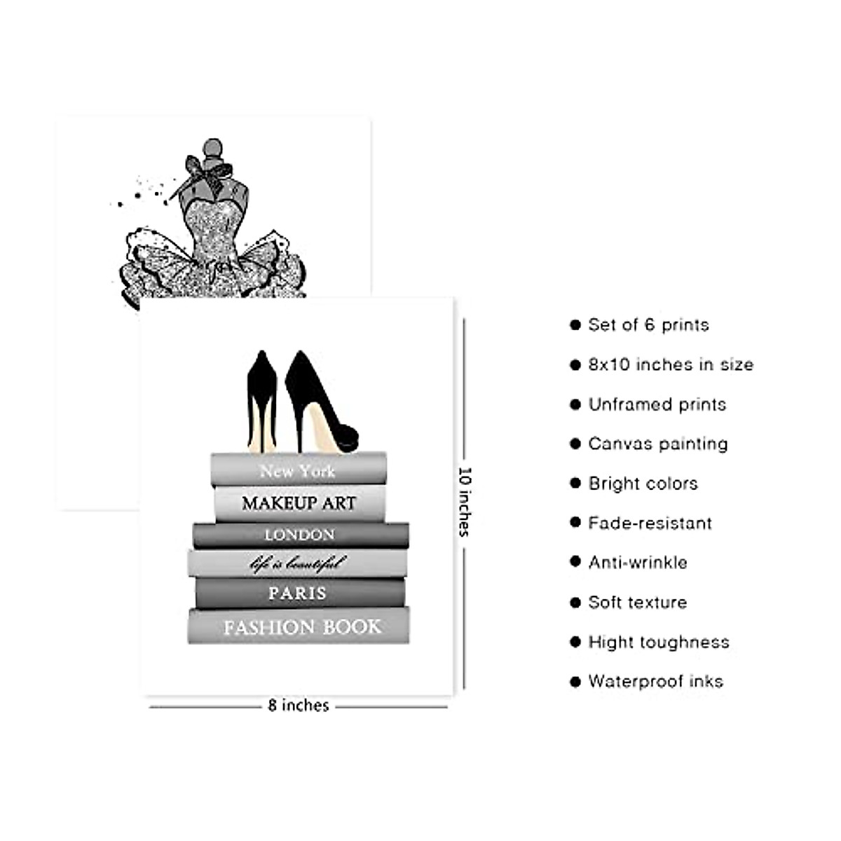 SIKYUCOR Glam Silver Gray Fashion Wall Decor Girls Room Decor Wall Art Prints Mini Skirt, Perfume Bottle, Book, High Heels, Lips Glitter Posters Prints Bedroom Decor (8"x10" UNFRAMED)