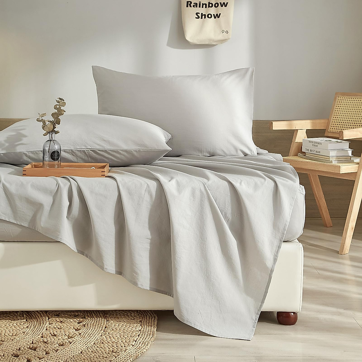 Full Size Sheets Set Grey Bed Sheets Deep Pocket 4 Piece Bedding Sheets & Pillowcases Set, Hotel Luxury Silver Grey Sheets 100% Washed Cotton Breathable Cooling Sheets, Fade, Stain, Shrink Resistant