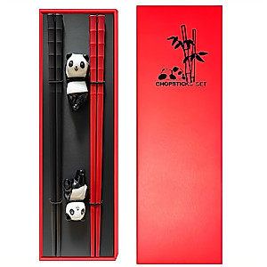 Chopsticks Reusable Panda Gifts With Cute Chopstick Rest & Chopsticks Dishwasher Safe Anniversary Gift for Couple (2PC Red-Black)