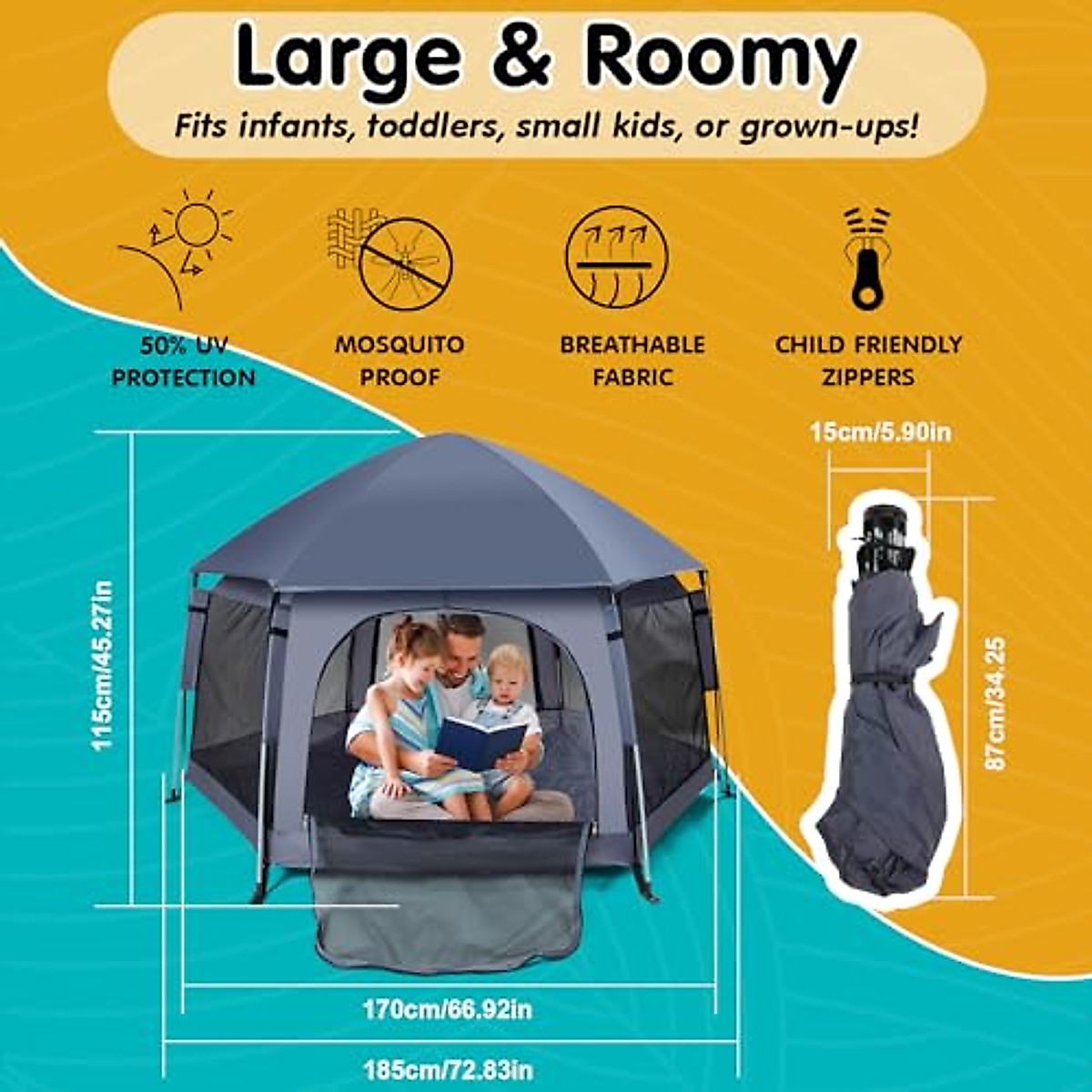 Premium Indoor and Outdoor Baby Playpen - Portable, Lightweight, Pop Up Pack and Play Toddler Play Yard w/Canopy and Travel Bag - Grey
