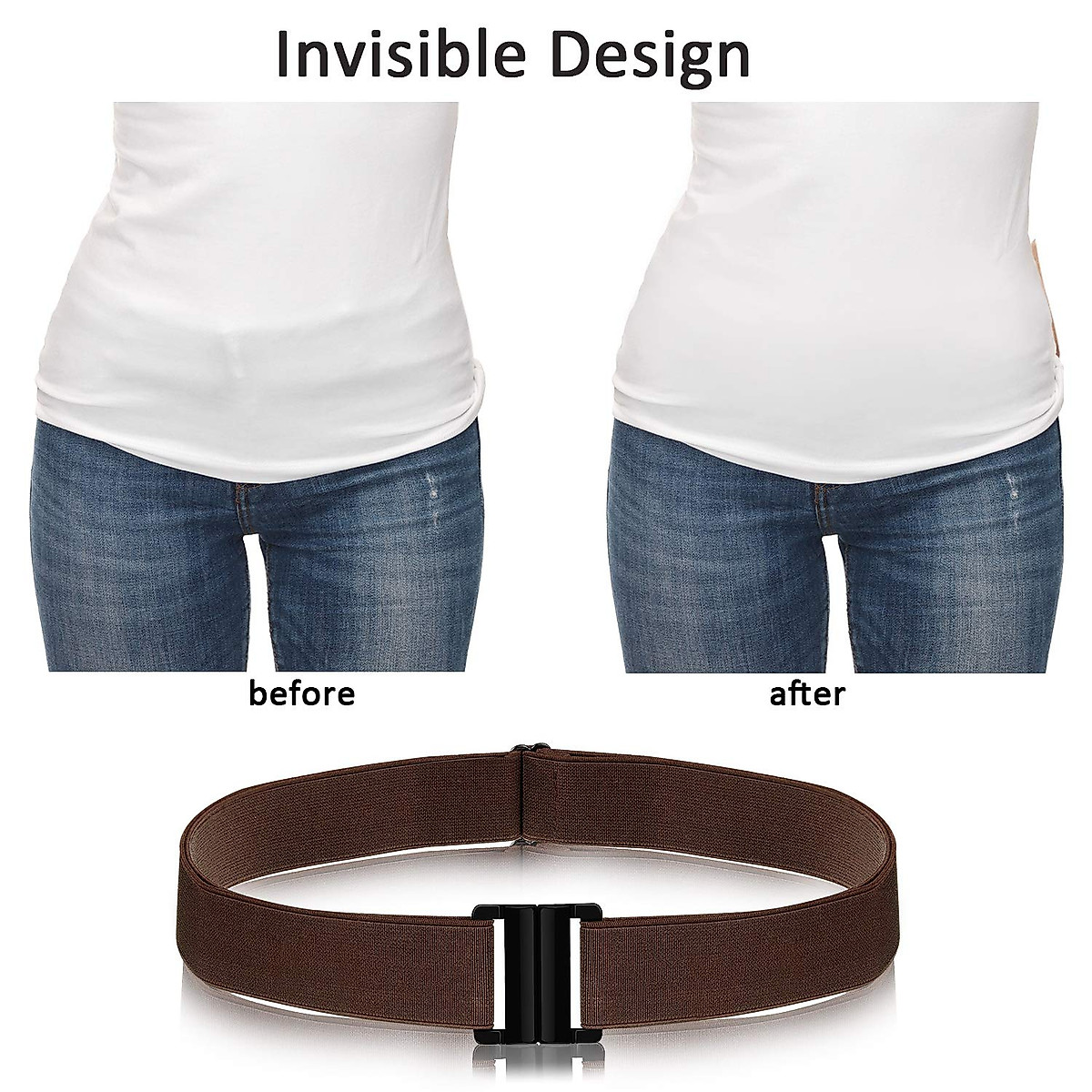 4 Pieces Women Elastic Stretch Belt Invisible No Show Waist Belt with Flat Buckle (Black Blue Khaki Coffee)