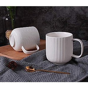 Porcelain White Mugs for Coffee, Tea, Cocoa, Set of 4, 12 oz, Lined Texture, Matte