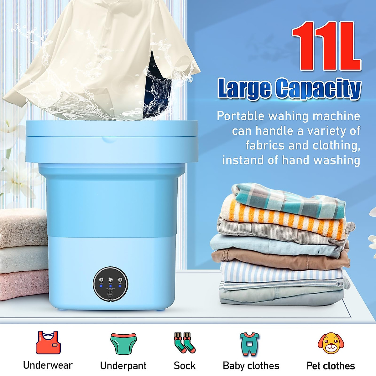 Portable Washing Machine with 3 Intelligent Cleaning Modes,11L Mini Washer with Foldable Design,Mini Folding Washing for Travel,Camping,Apartment,Dorm,Baby Clothes,Socks,Underwear Blue
